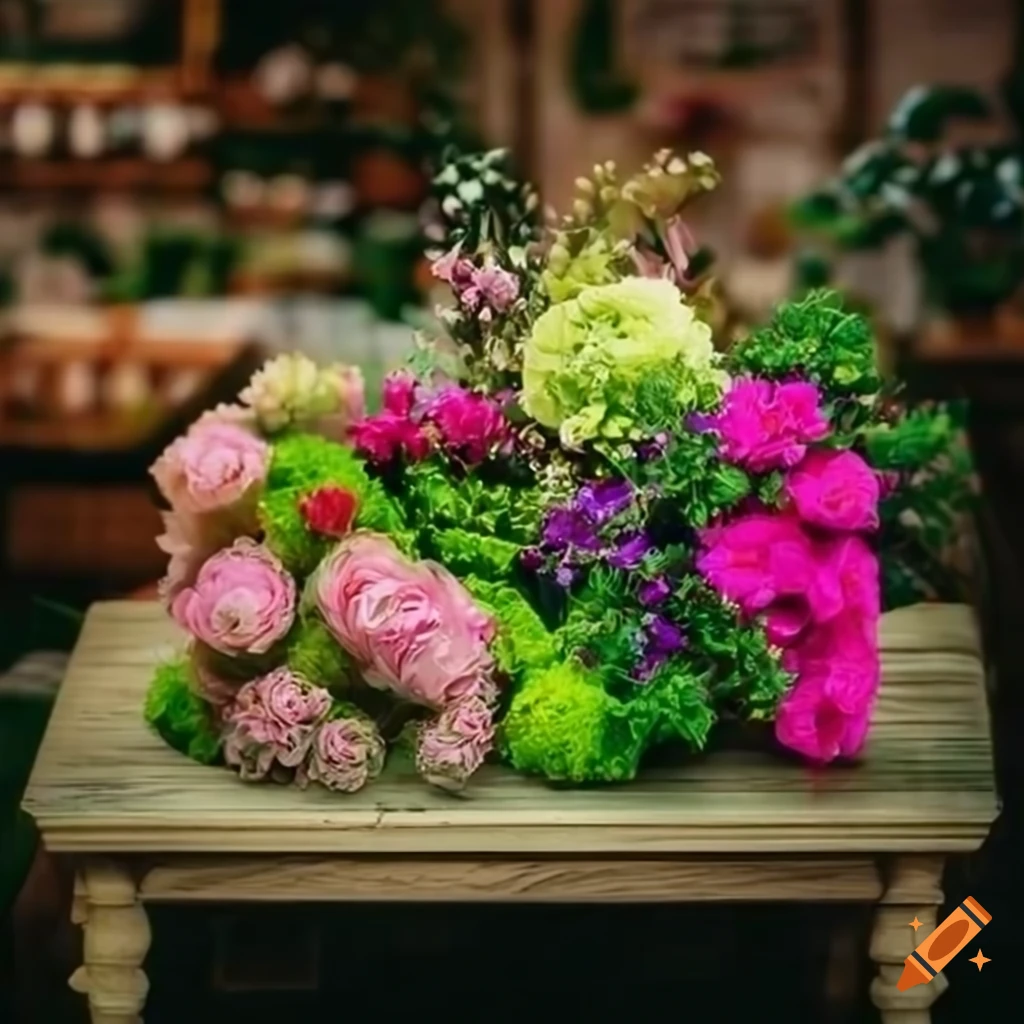 Hyper realistic flower shop with pink and green hortensias and various ...
