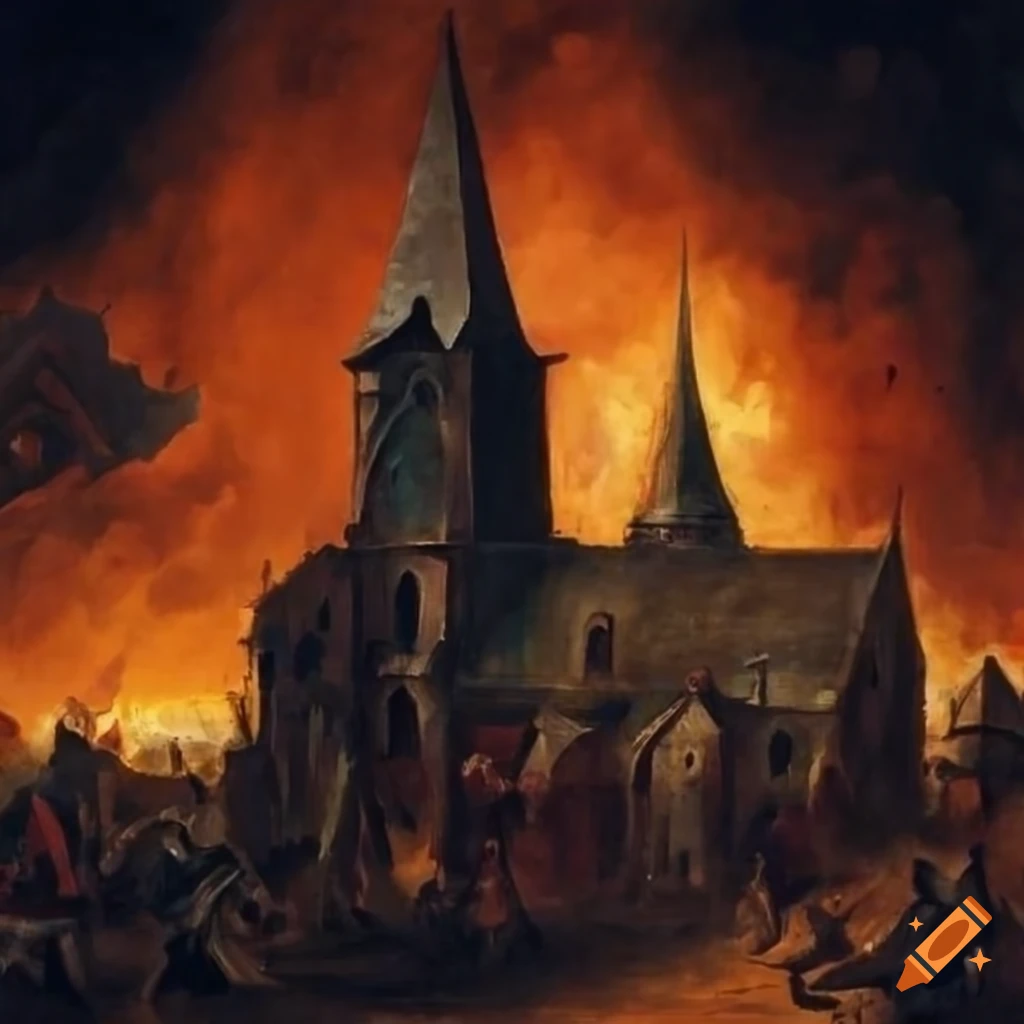 Aerial view of medieval battle scene with burning church on Craiyon