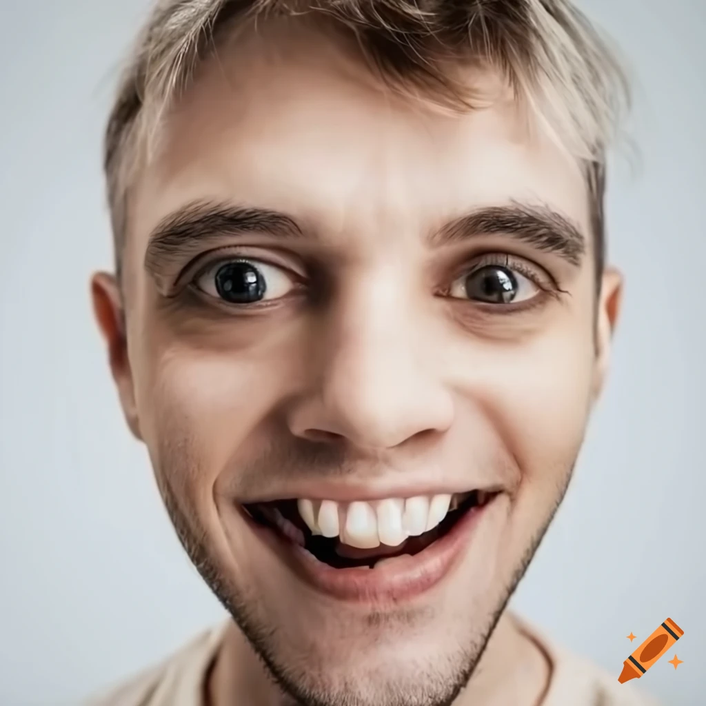 Man with big eyes smiling on light gray background on Craiyon