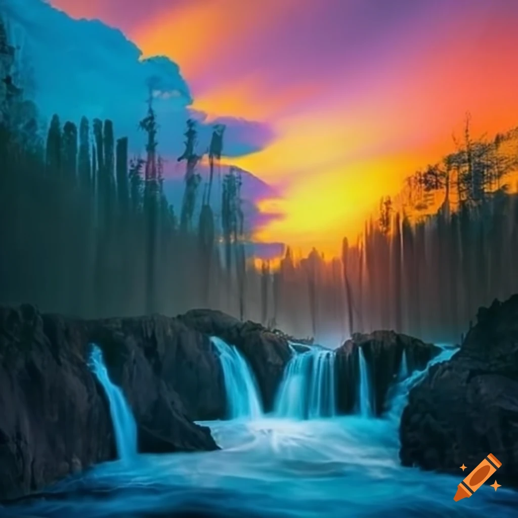 Psychedelic oasis with orange skies and waterfalls on Craiyon