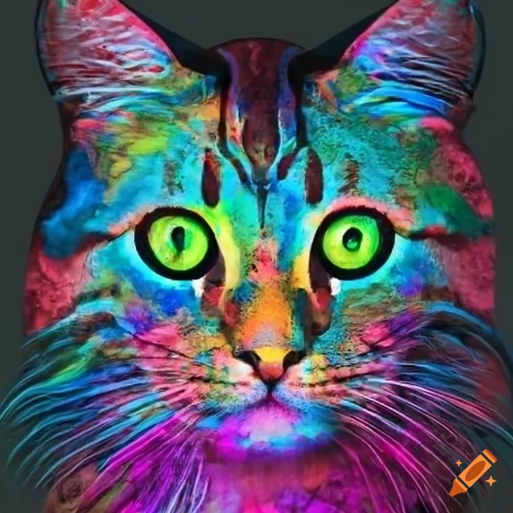 Cat rollerblading on a rainbow in vibrant neon colors on Craiyon