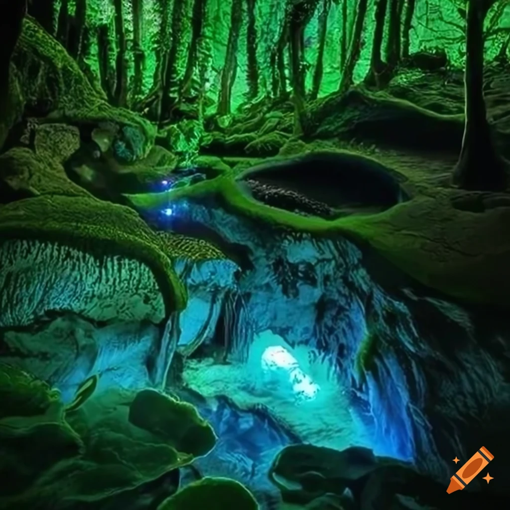Mesmerizing cave entrance with luminous vines in a hidden forest on Craiyon