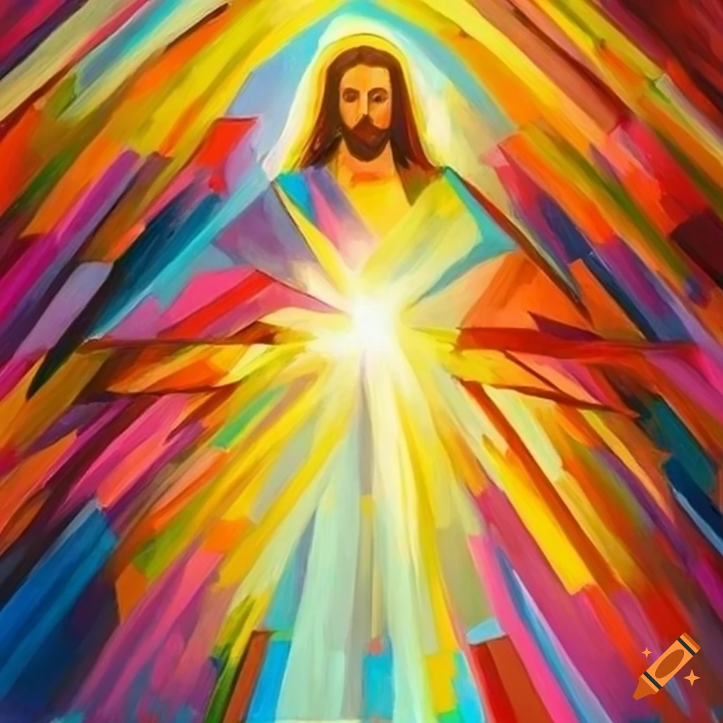 Abstract cubistic resurrection of Jesus Christ with the words "I am the ...