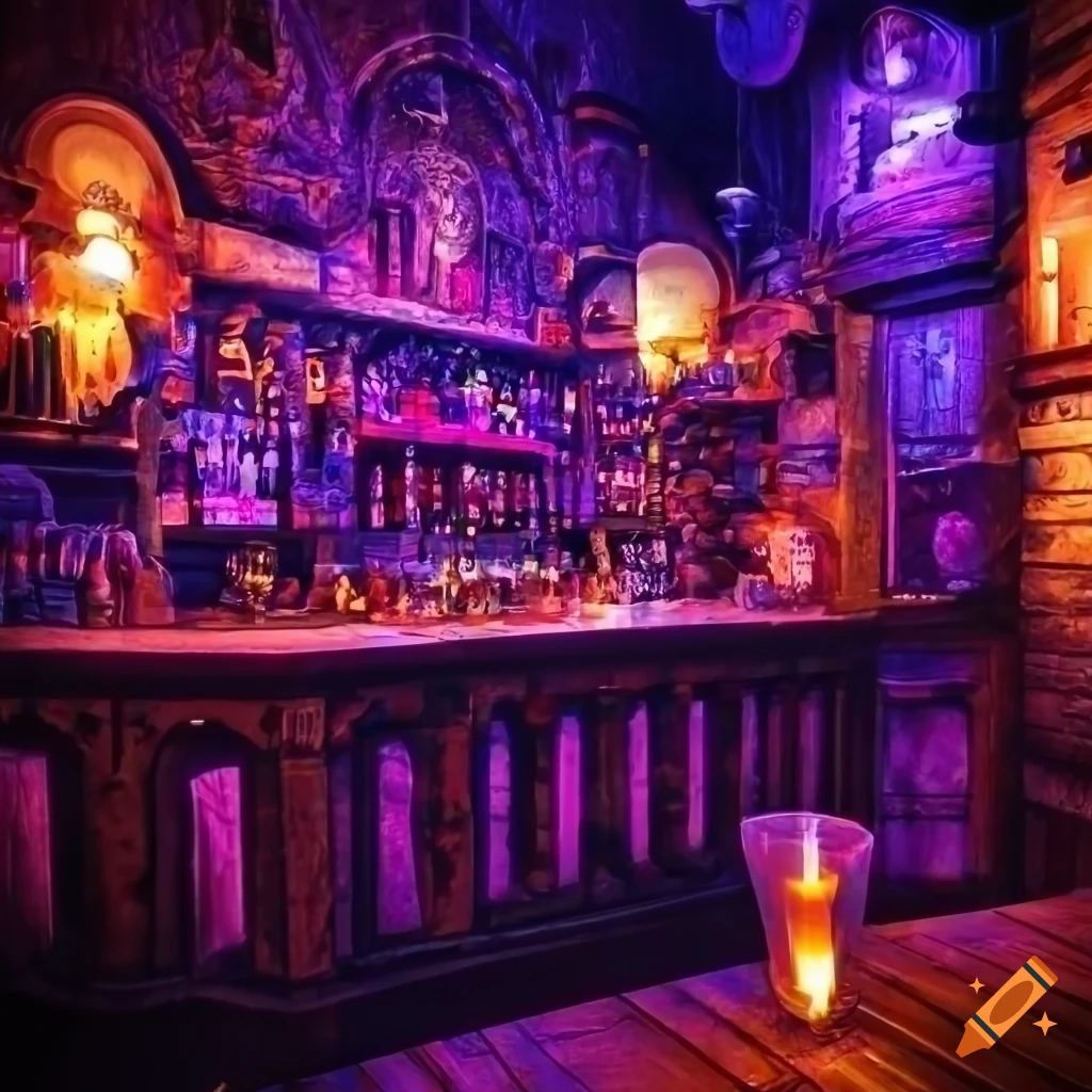 Interior view of a cozy fantasy tavern bar with glowing drinks on ...