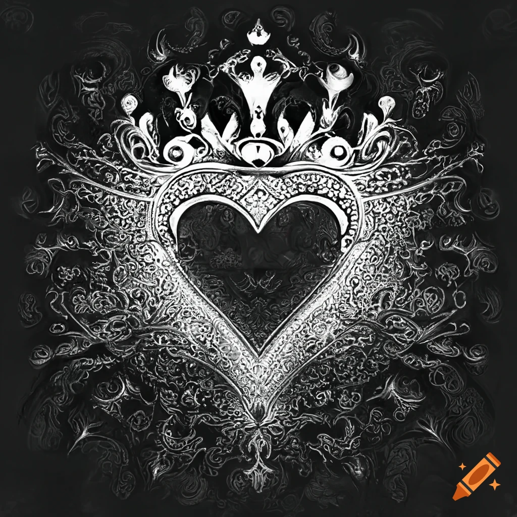 Heart with crown and silver filigree background on Craiyon