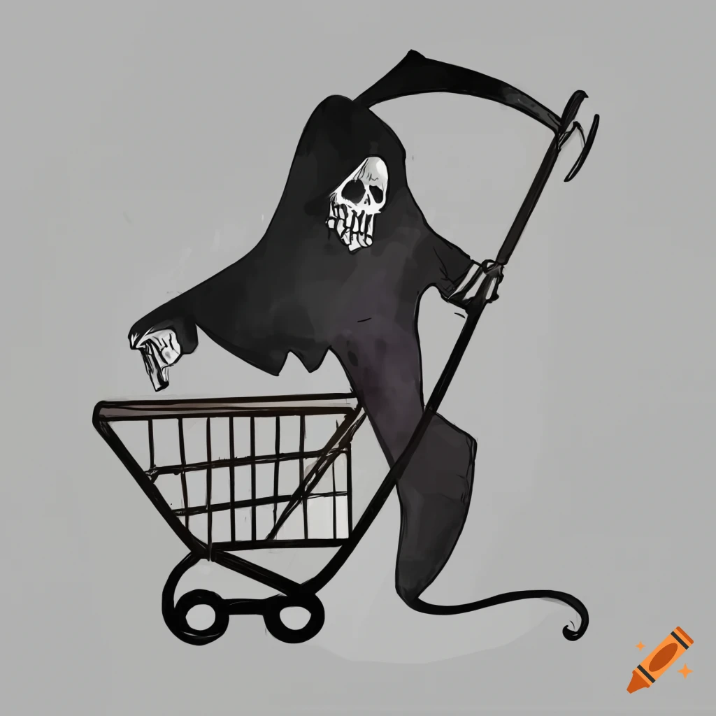 Grim reaper with a scythe pushing a shopping cart on Craiyon
