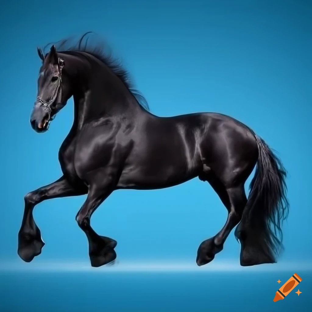 Black friesian stallion in side view with blue background on Craiyon