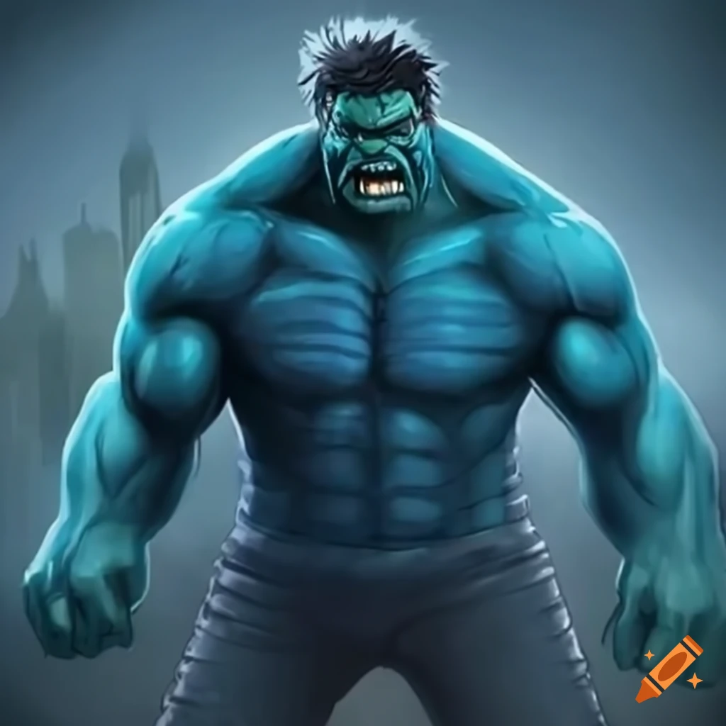 Blue hulk-like creature in an anime style on Craiyon