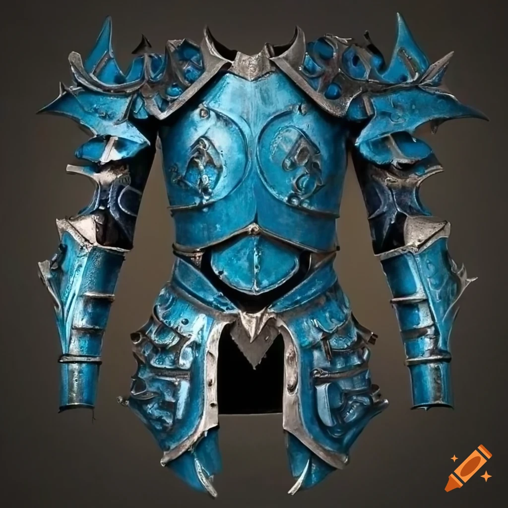 Mythic fantasy armor made of steel in azure gothic style with front view symmetry on Craiyon