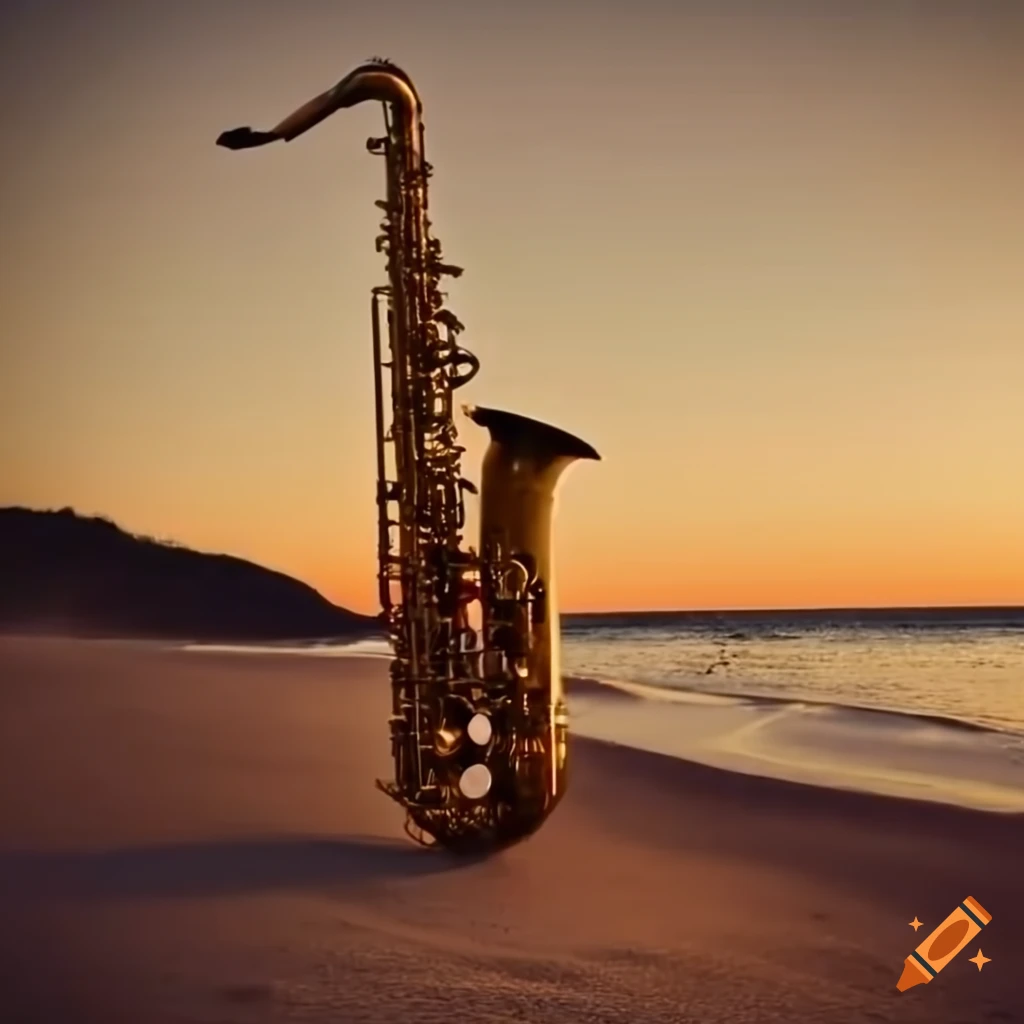Saxophone on the beach at sunset on Craiyon