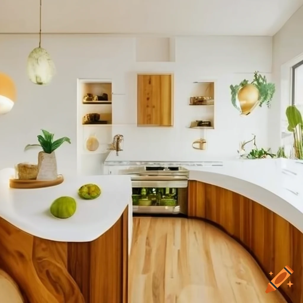 Creative white kitchen interior with organic shapes, acacia wood and ...