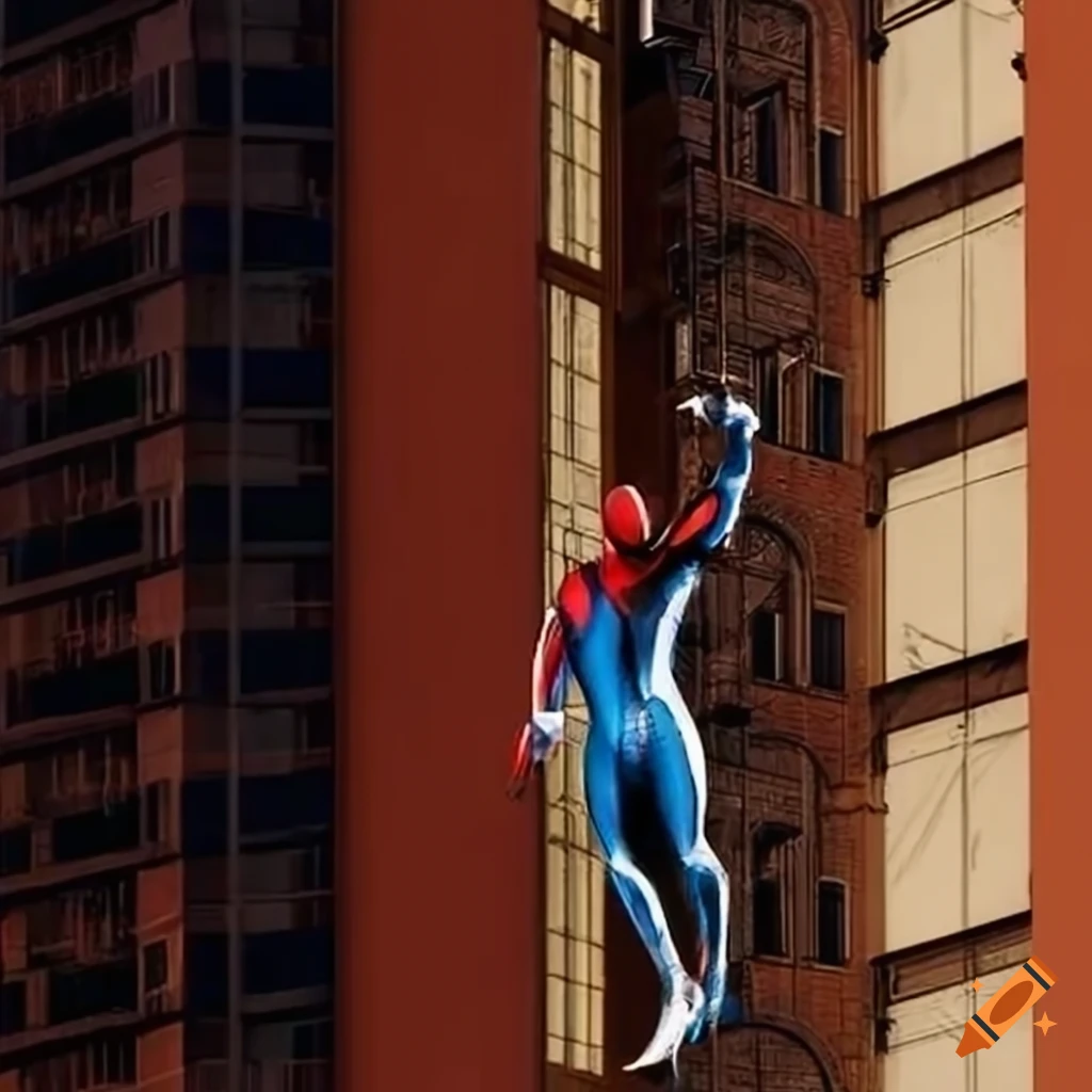 Spiderman swinging between city buildings in detailed illustration on ...