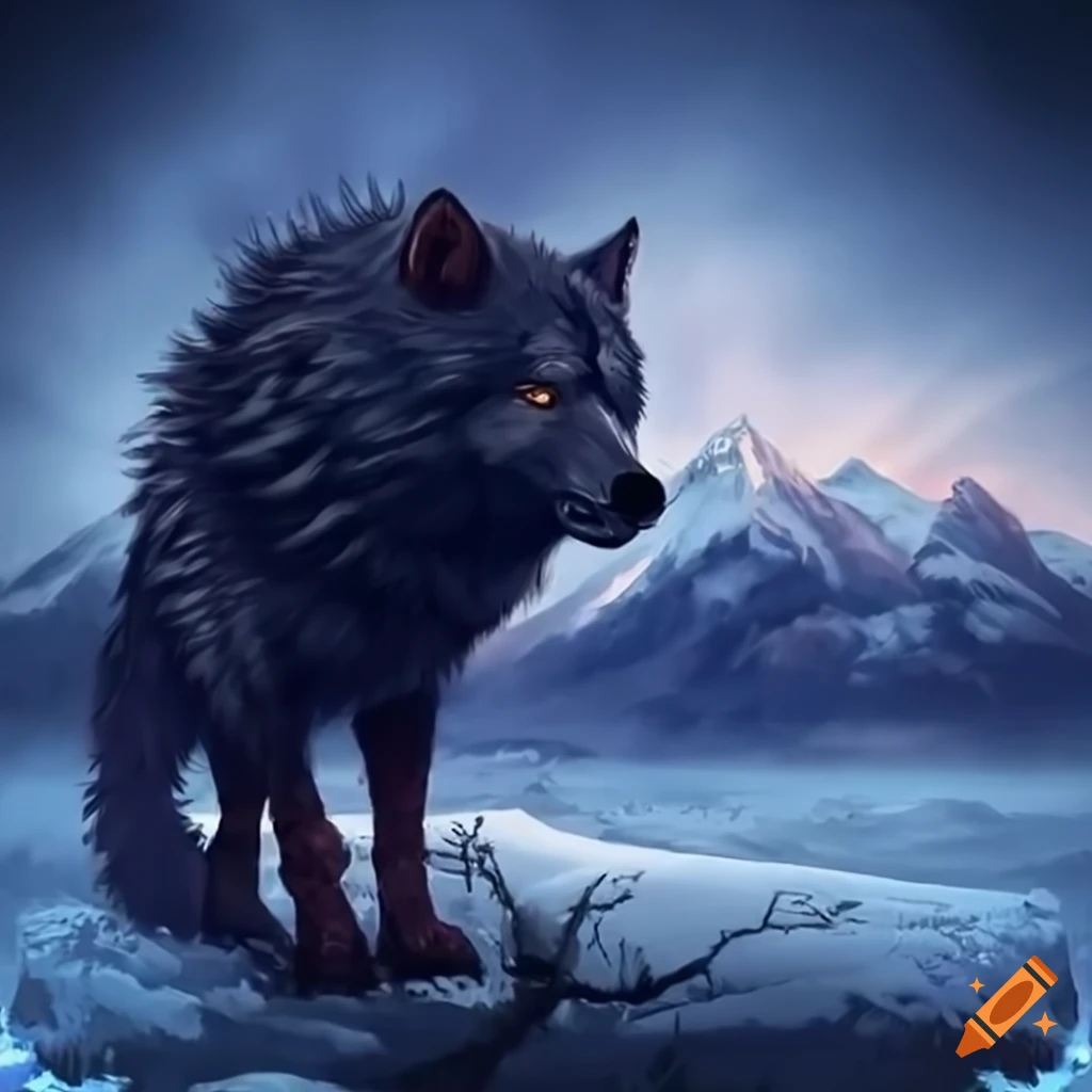Norse fenrir wolf in snowy mountain landscape on Craiyon