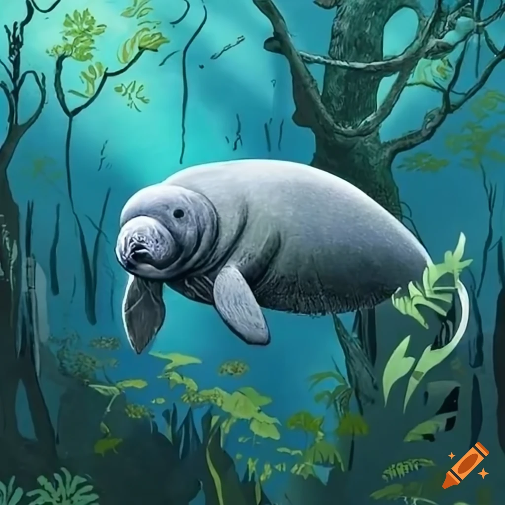 Manatee flying in a forest on Craiyon