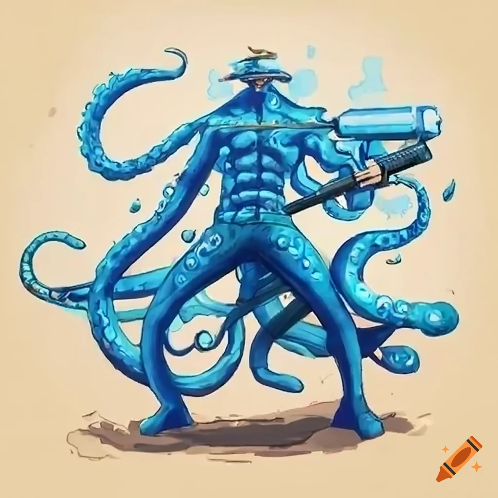 Friendly blue octopus fishman with 6 guns on Craiyon