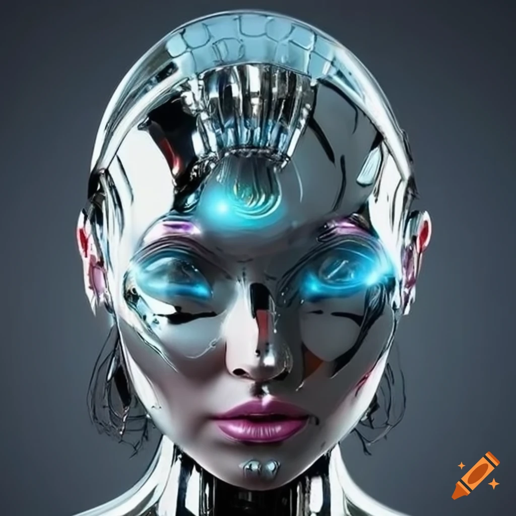 Female cyborg head with chrome finish in a high-tech design on Craiyon