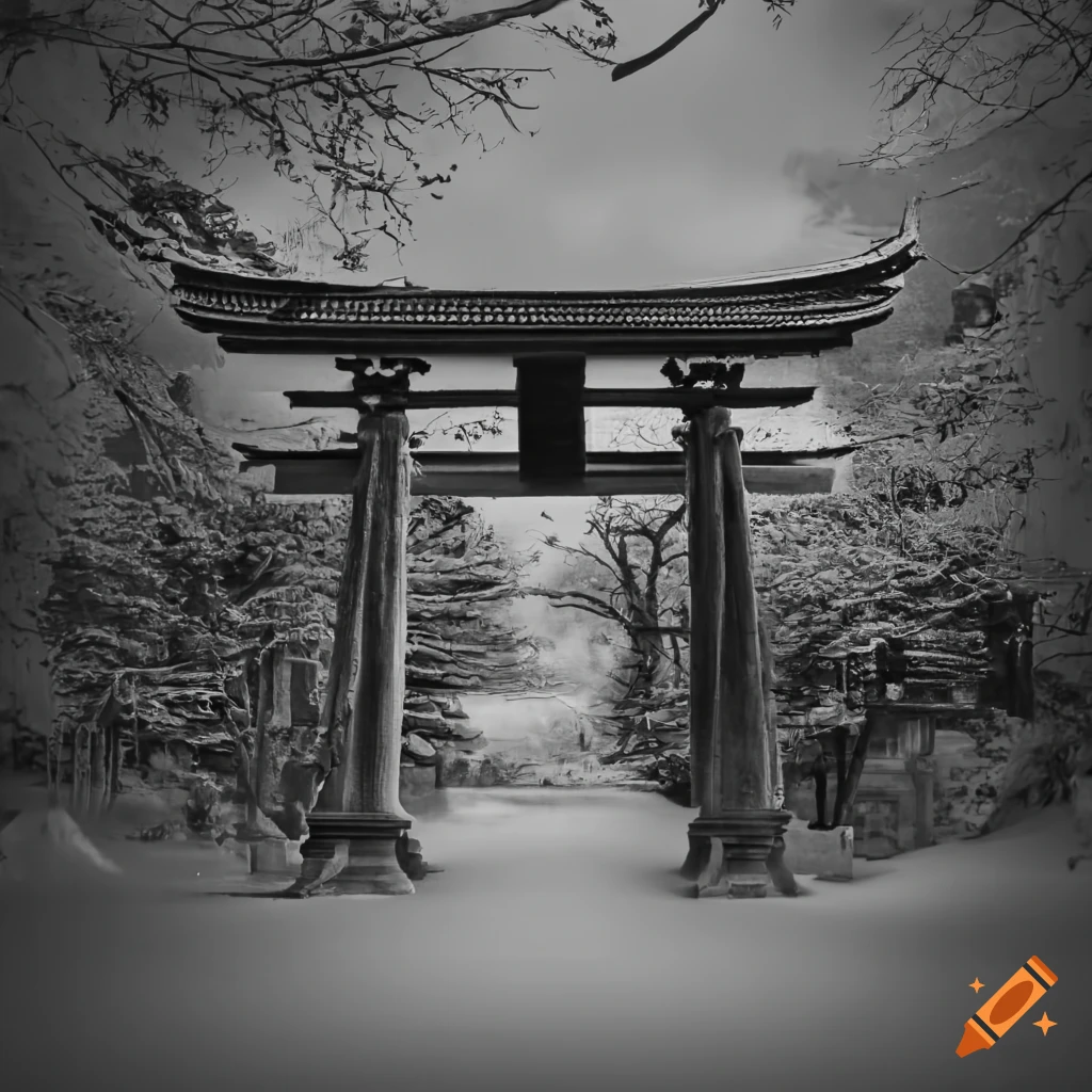Shinto shrine in black and white on Craiyon