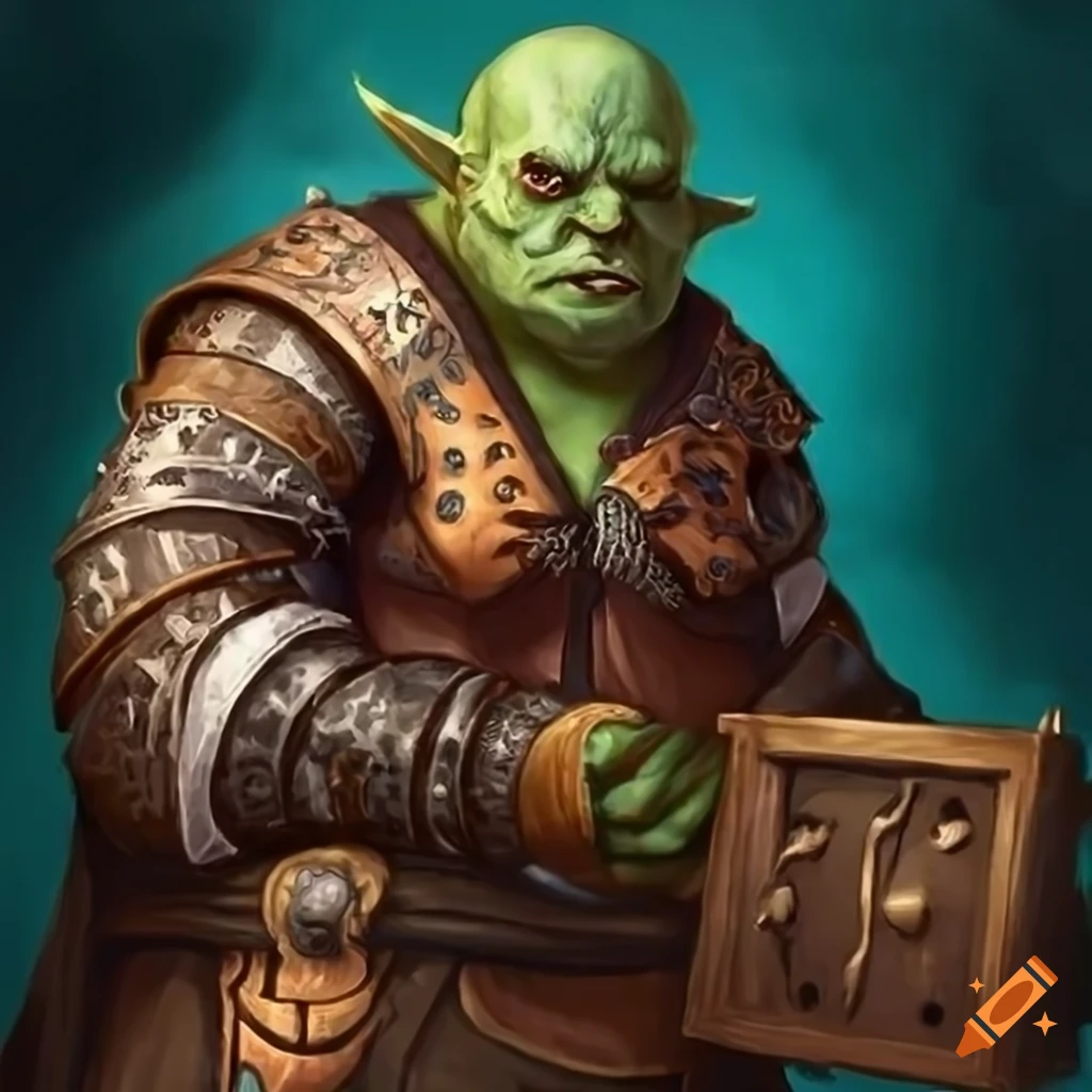 Intricately detailed fat Orc Cleric in scale mail armor holding a holy ...
