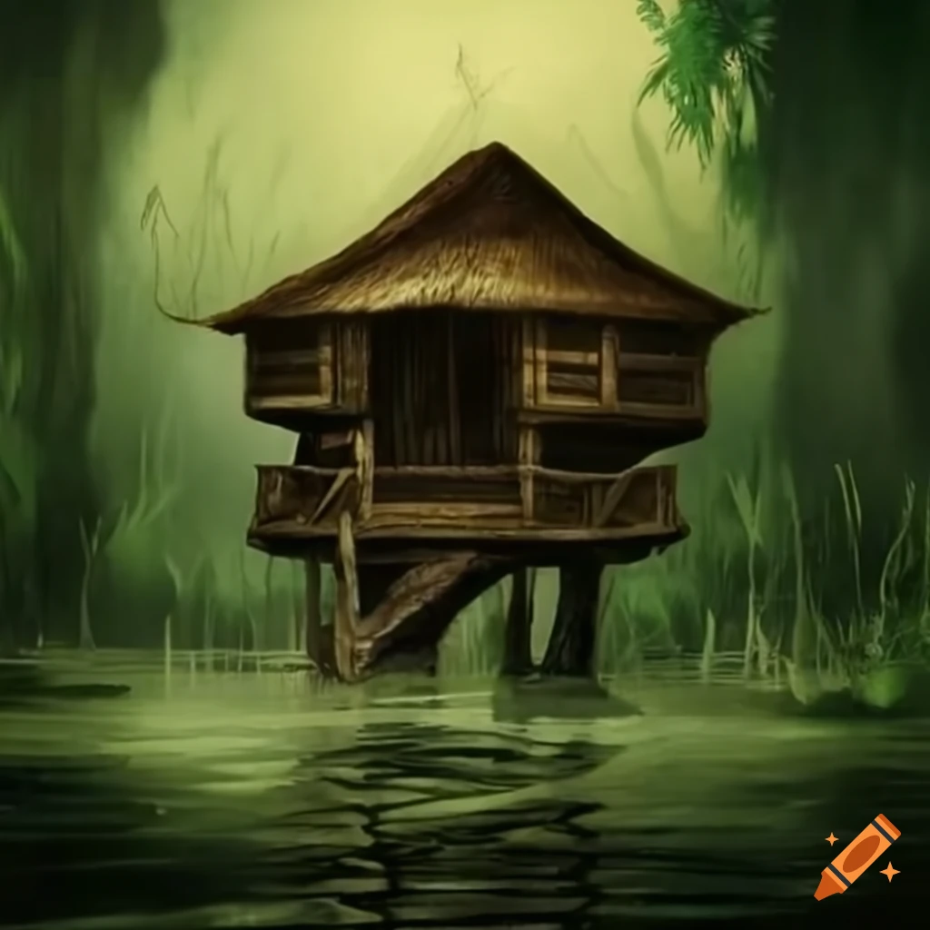 Primitive treehouse huts in a swamp on Craiyon
