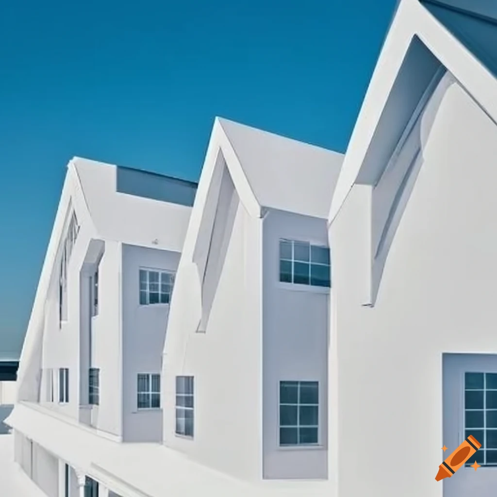 Set of white modular buildings with shared roofing on Craiyon