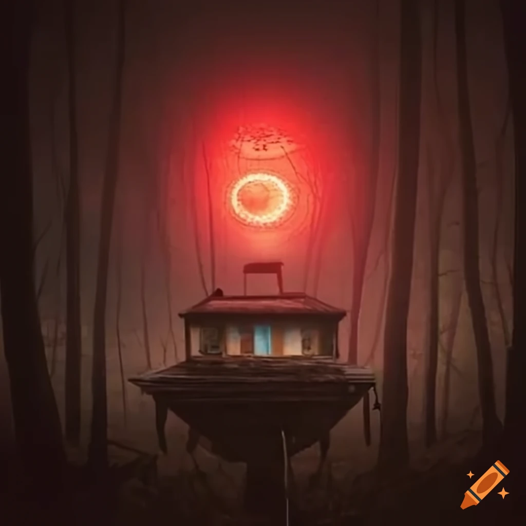 Alien UFO with red lights above an abandoned house in the woods on Craiyon