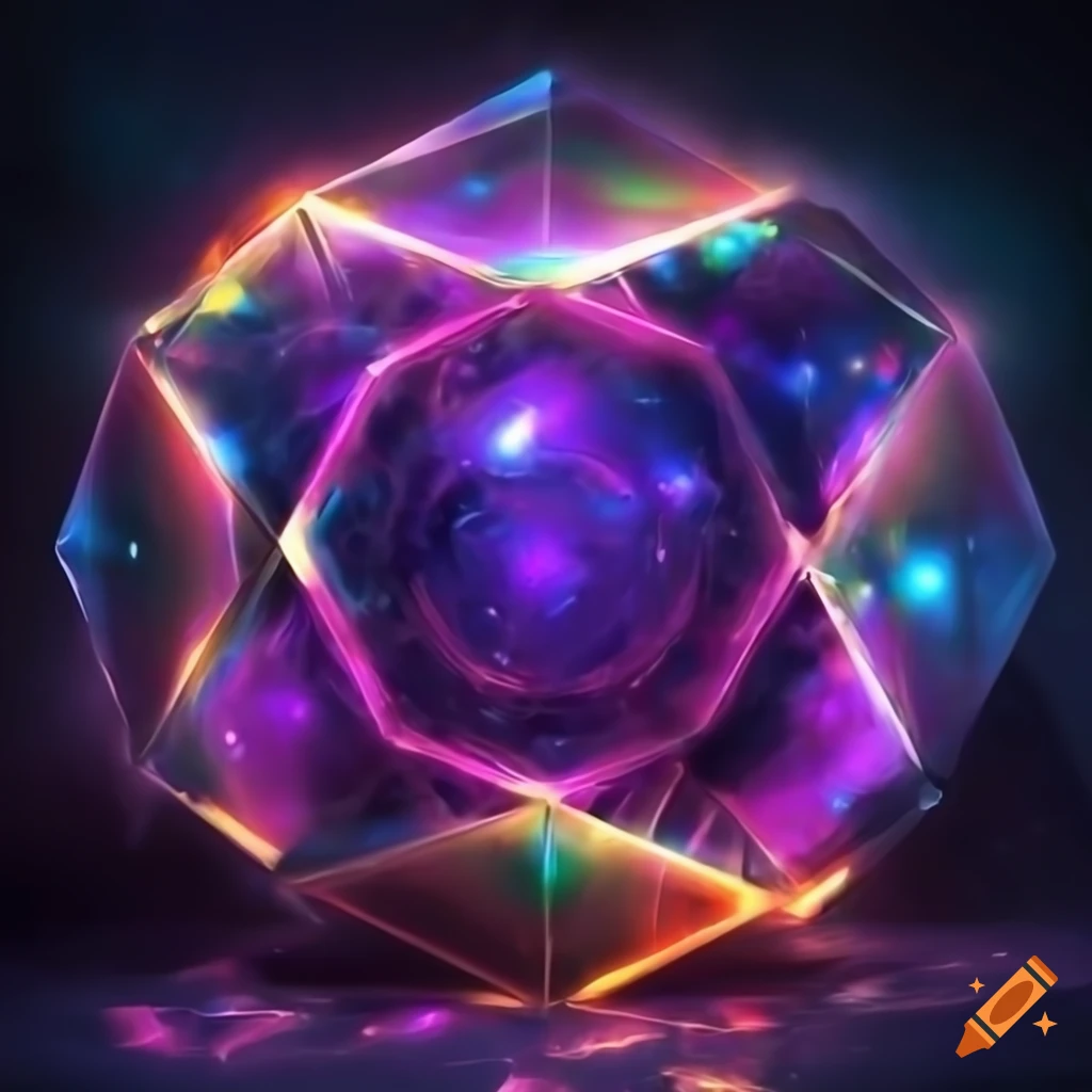 Fantasy sci-fi crypto token inside a glowing geometric glass polyhedron ...