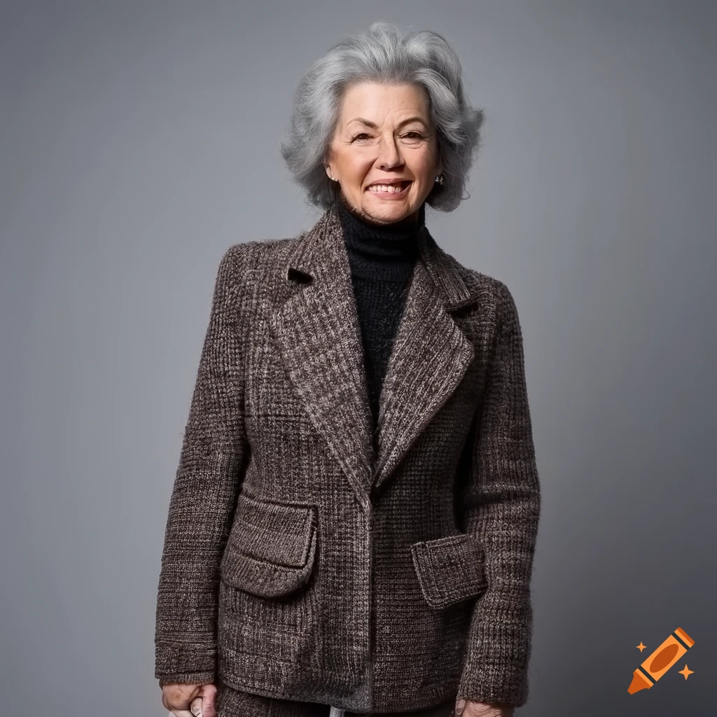 Stylish elderly woman in wool blazer and turtleneck sweater on Craiyon