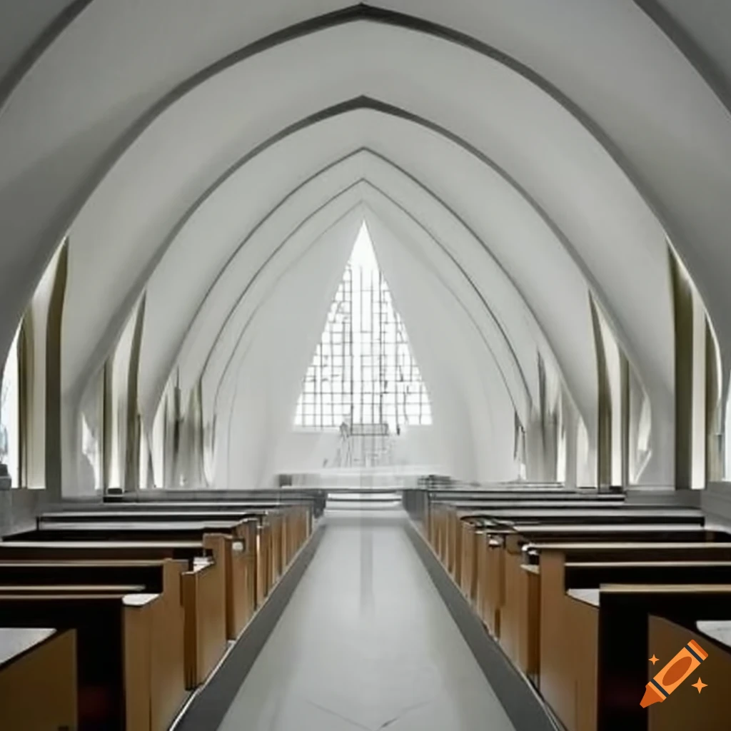 Modern white church with glass apse and garden view on Craiyon