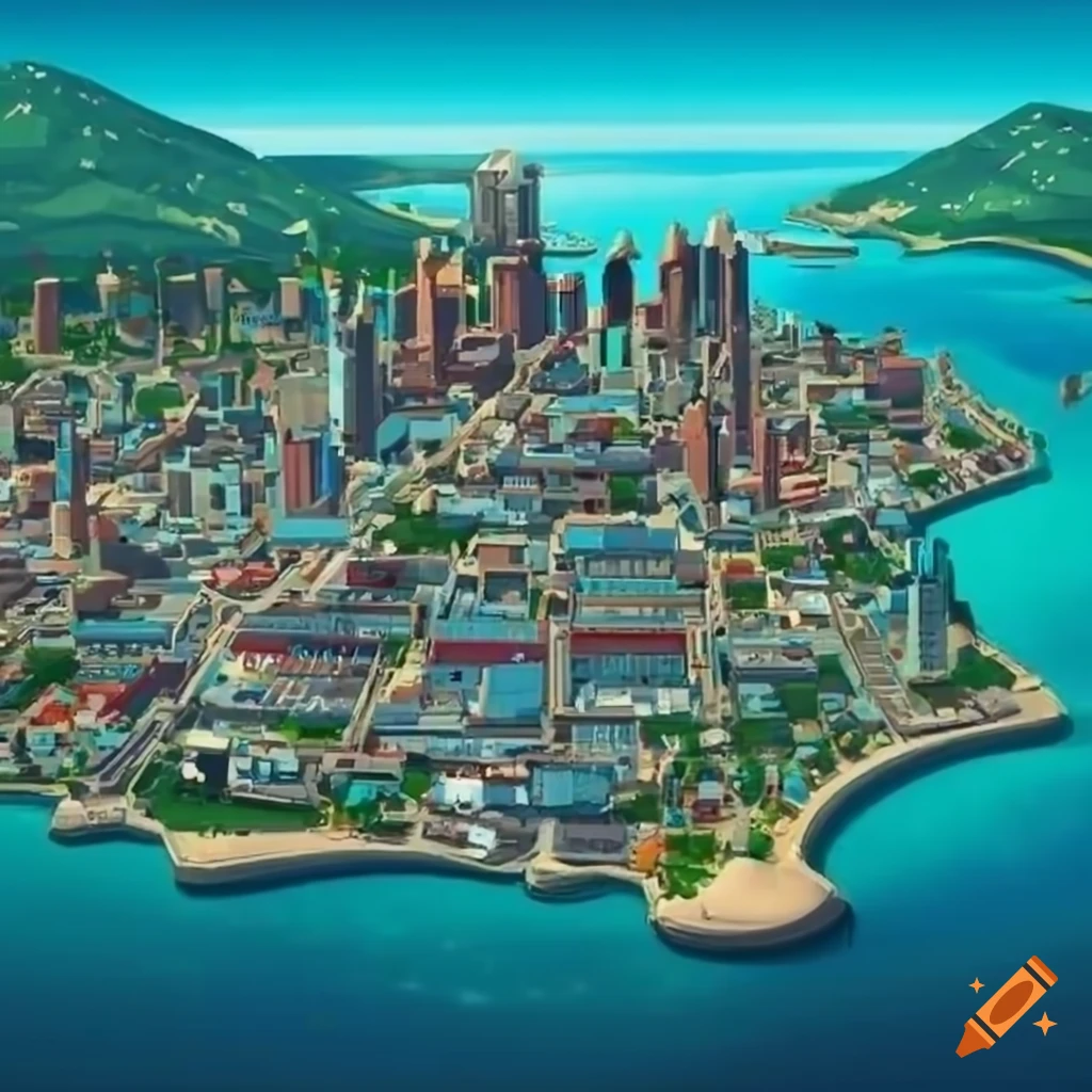 Videogame city map featuring a rich beach area and a suburban side with ...