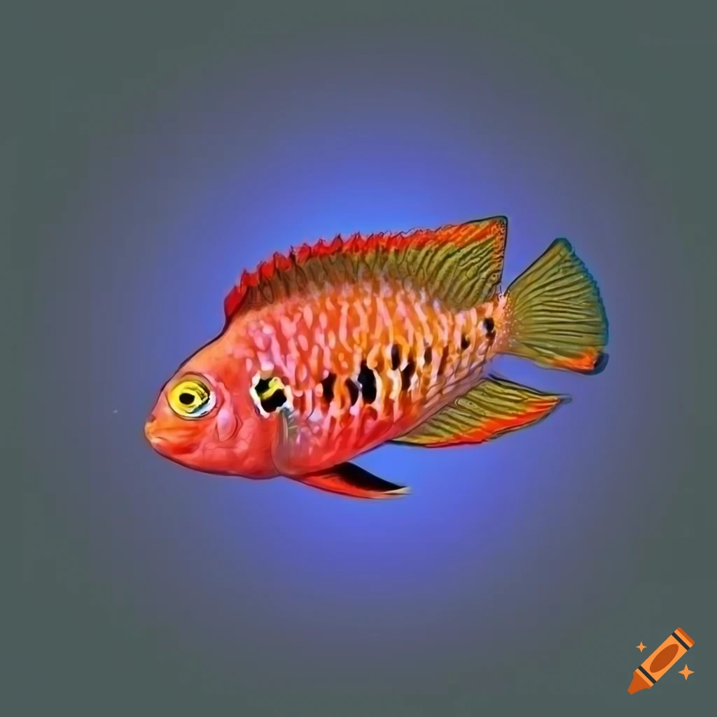 Vibrant red jewel Cichlid swimming in a serene aquarium on Craiyon