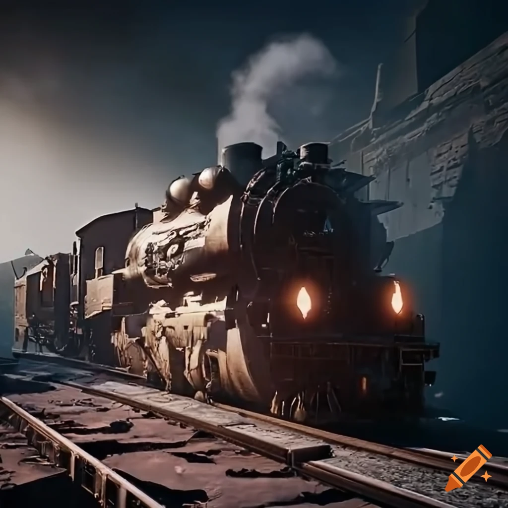 Intricately detailed WW2 military war train in abandoned mining town on ...