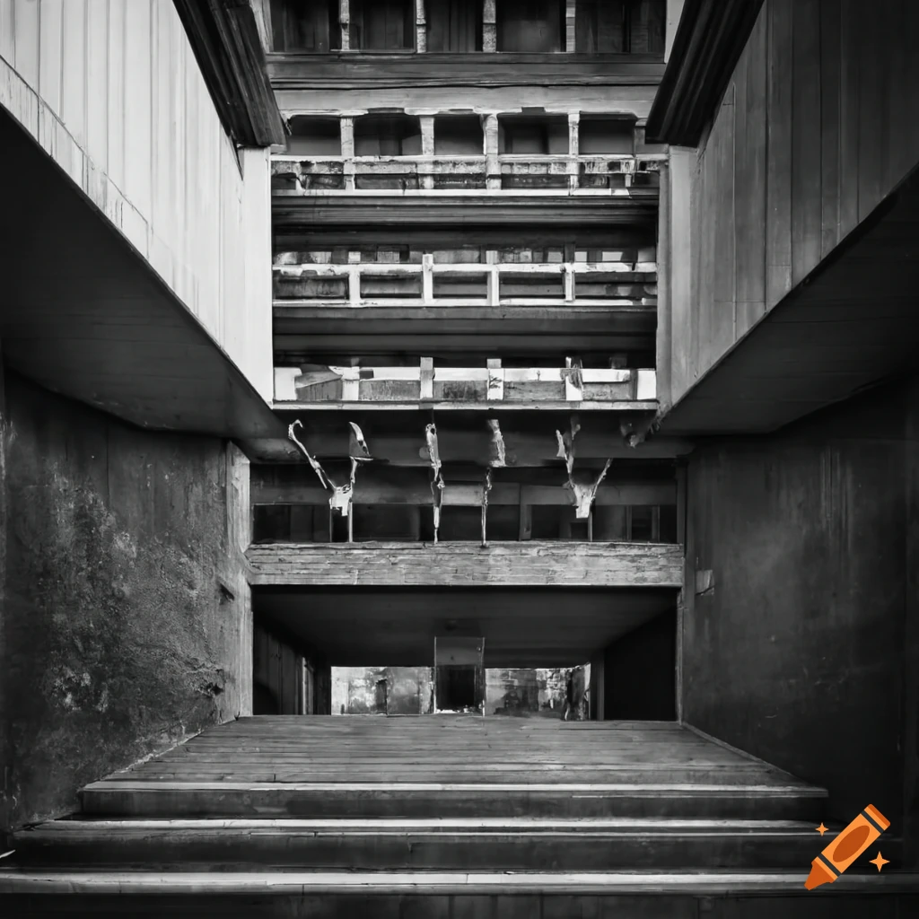 Brutalist building with metal staircases and ugly iron columns on Craiyon