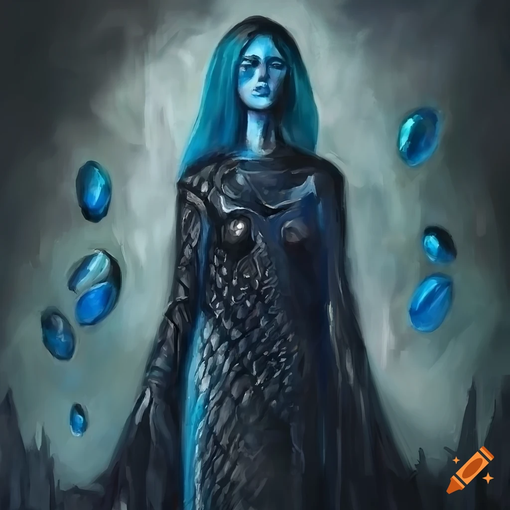 Full body woman with black and blue stone skin holding shiny black ...