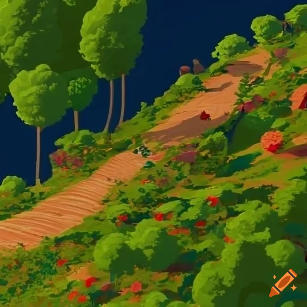 Path through green trees and colorful flowers by a blue river and green ...