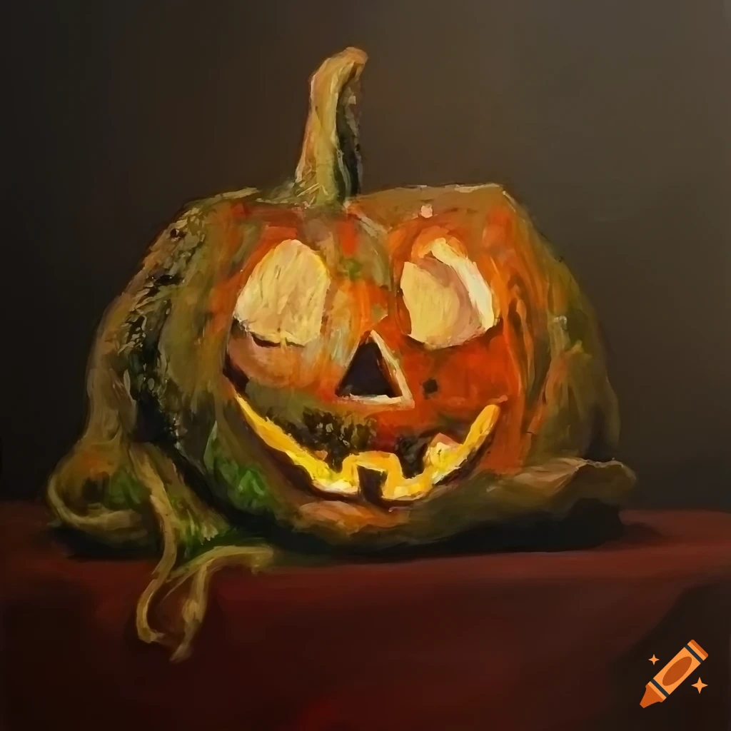Rotten moss covered jack o lantern painted in oil on canvas on Craiyon