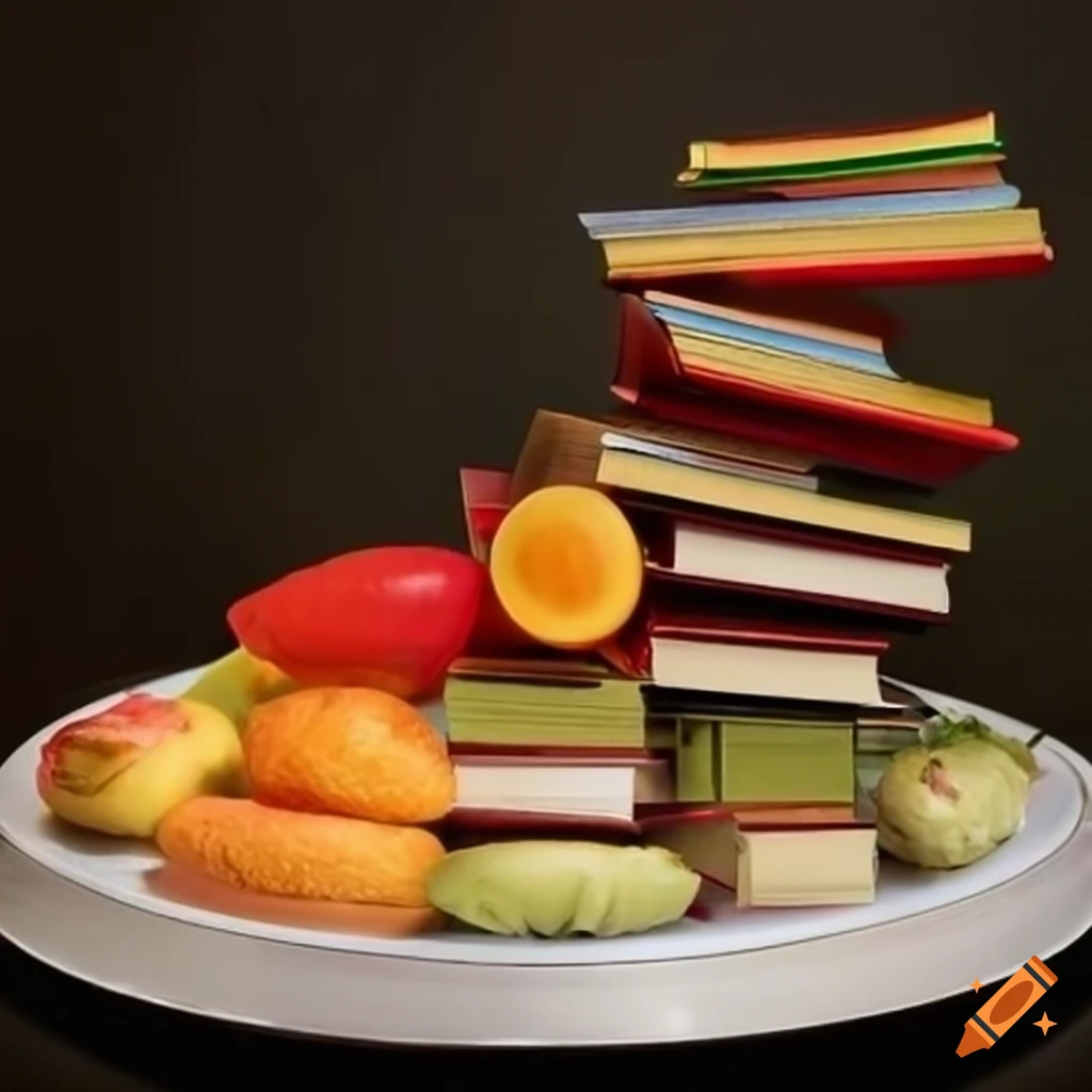 Buffet table of books designed as colorful food plates on Craiyon