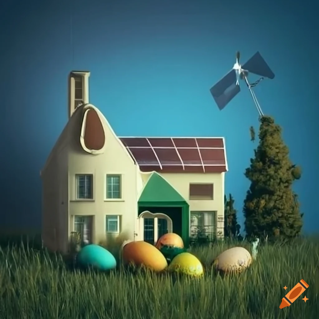 Home with solar panel roof surrounded by Easter eggs on Craiyon