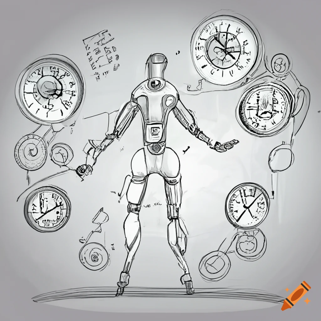 Cyborg surrounded by scientists and ticking clocks in a technology room ...