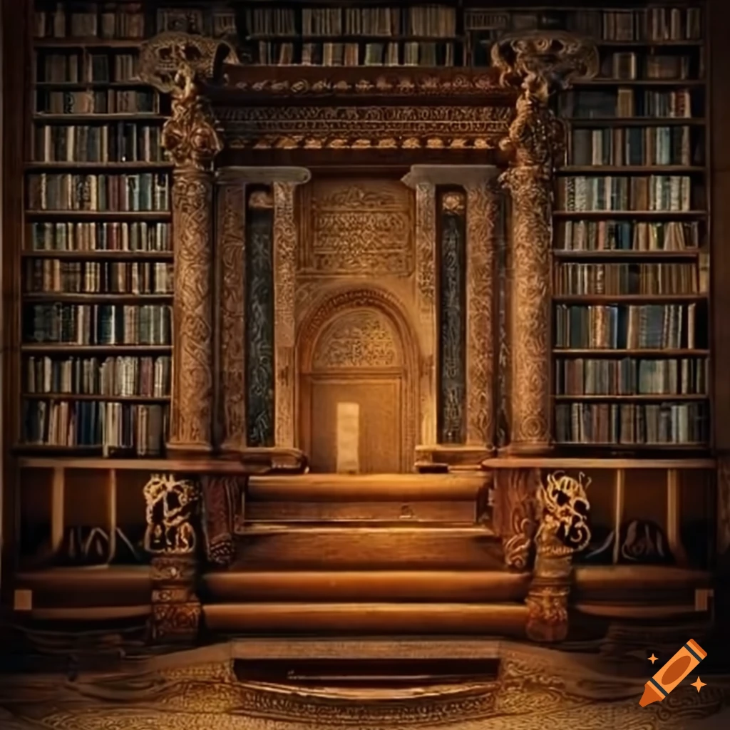 Ancient text on intricately designed scroll in a dimly-lit library on ...