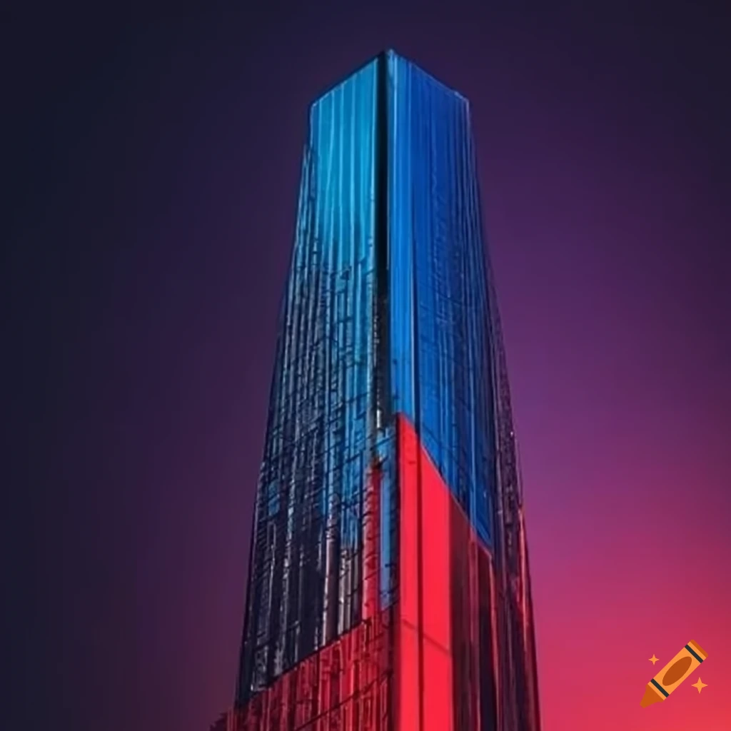 Large red and blue glass and steel skyscraper on Craiyon
