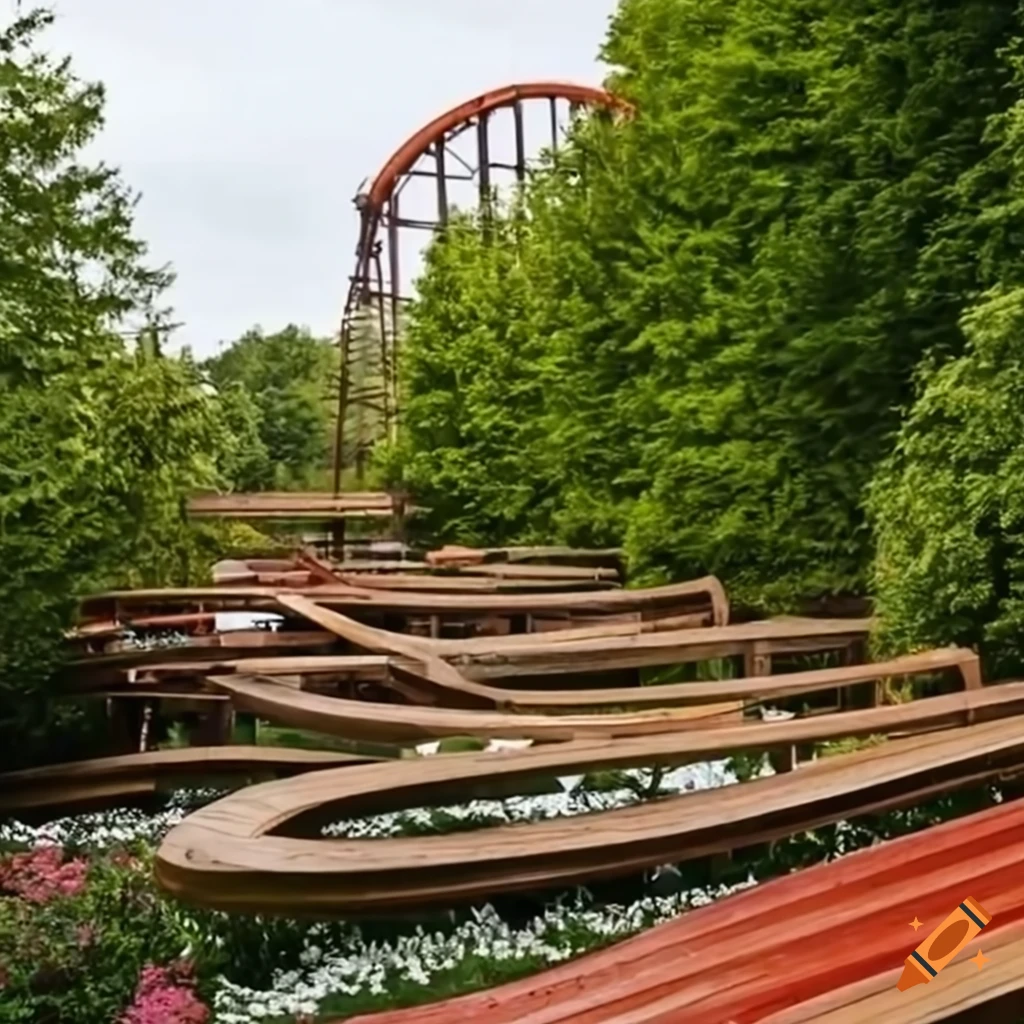 Park with wooden roller coasters inside flowerbeds and low walls on Craiyon