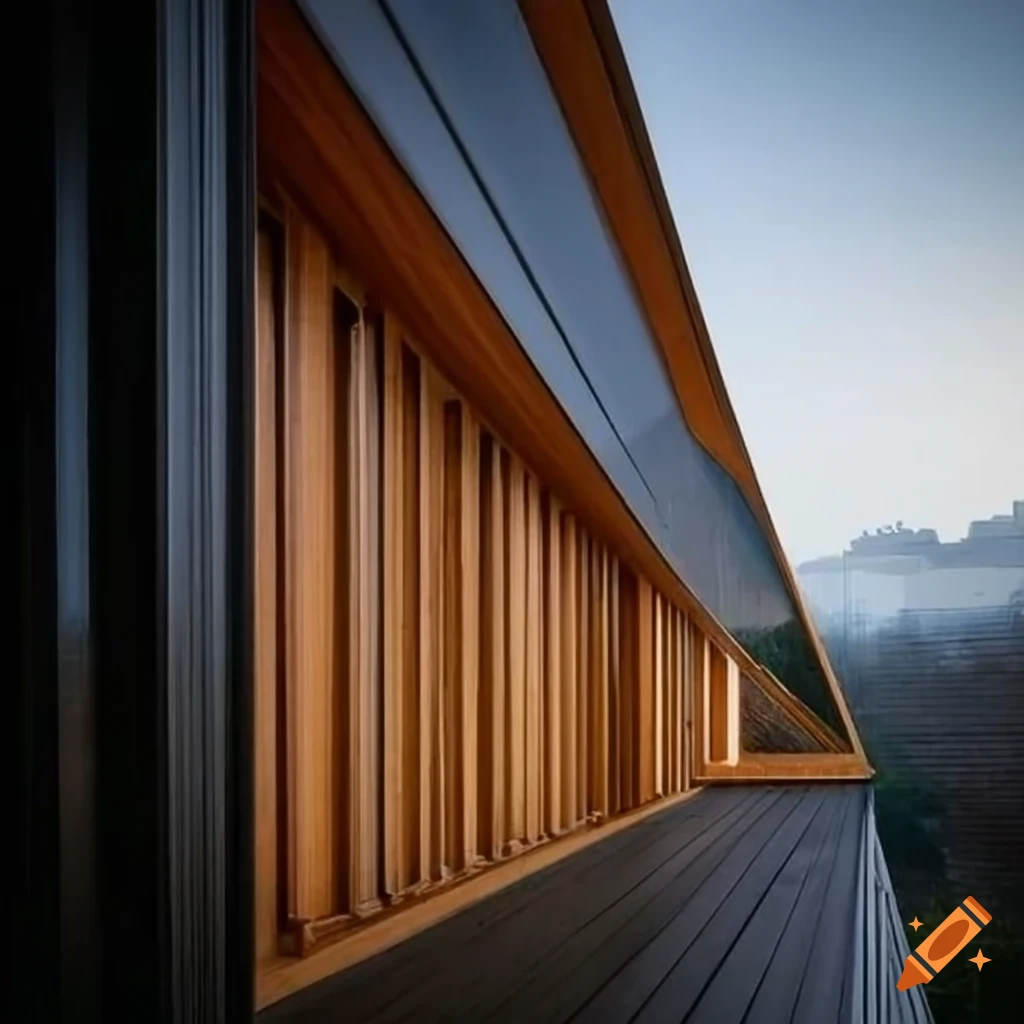 Modern wooden building with glass windows and raised porch on Craiyon