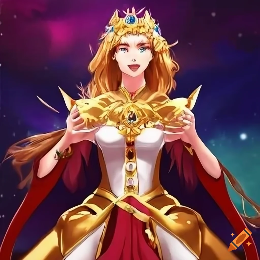 Anime depiction of a regal female character in a glamorous dress with ...