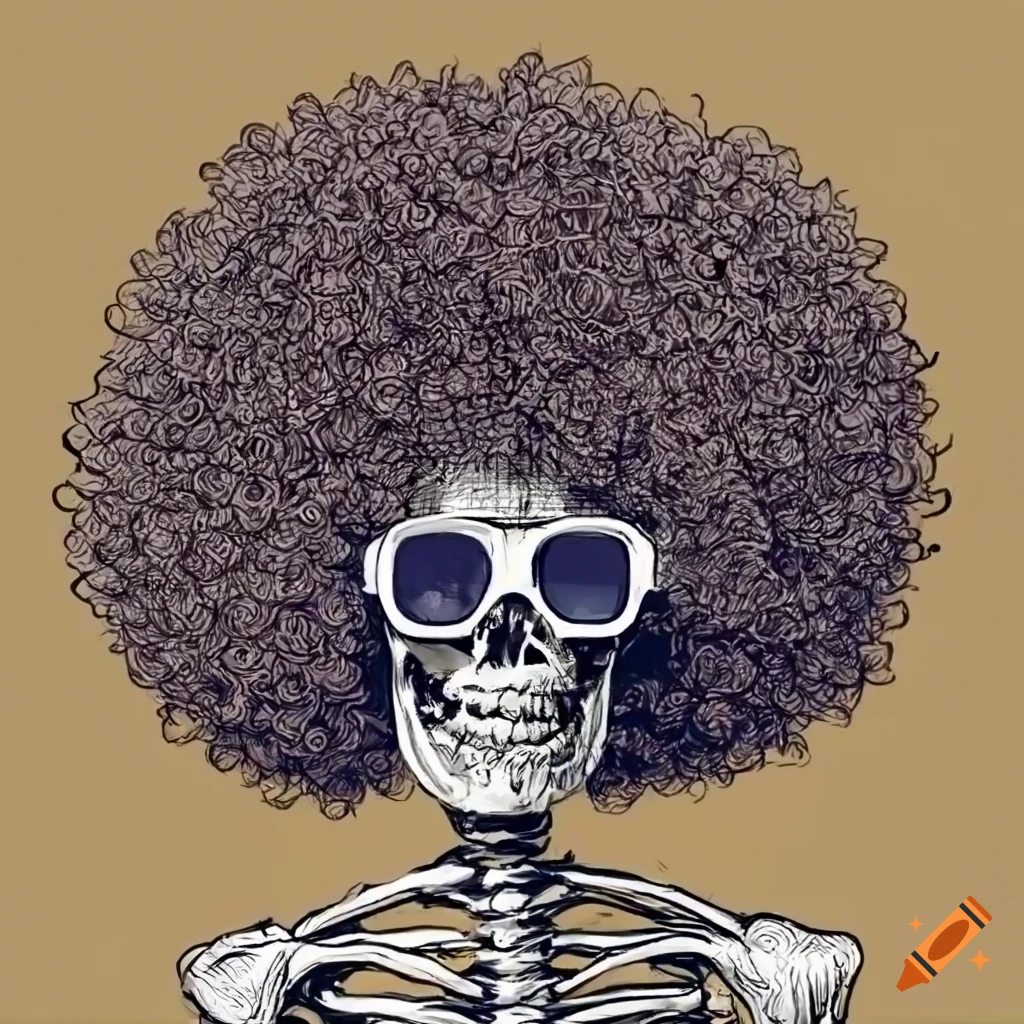 Sketch of a skeleton with an afro and goggles on Craiyon