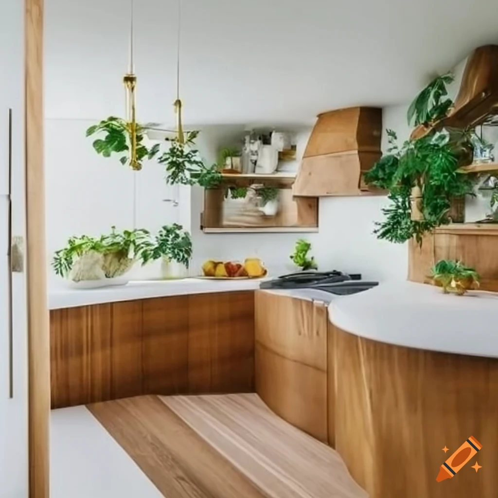 Creative white kitchen interior with organic shapes, acacia wood and ...