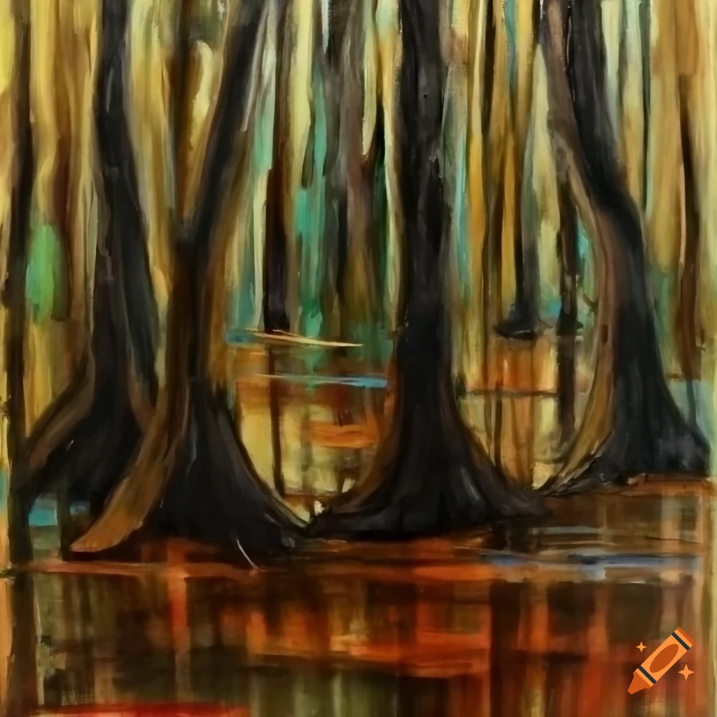 Treehouse huts in a swamp portrayed in a crude oil painting on Craiyon