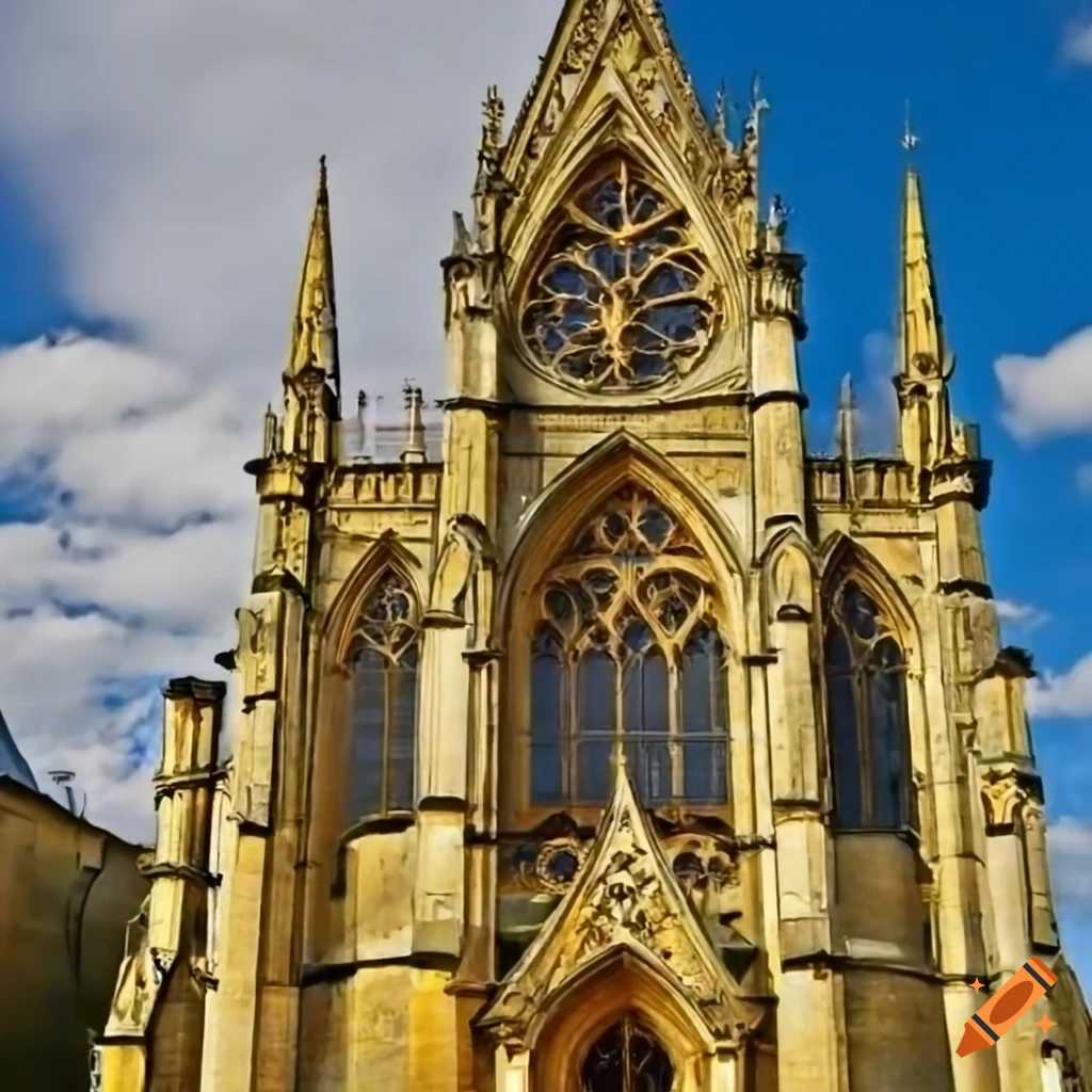 Large gothic church with golden spires and bell on Craiyon