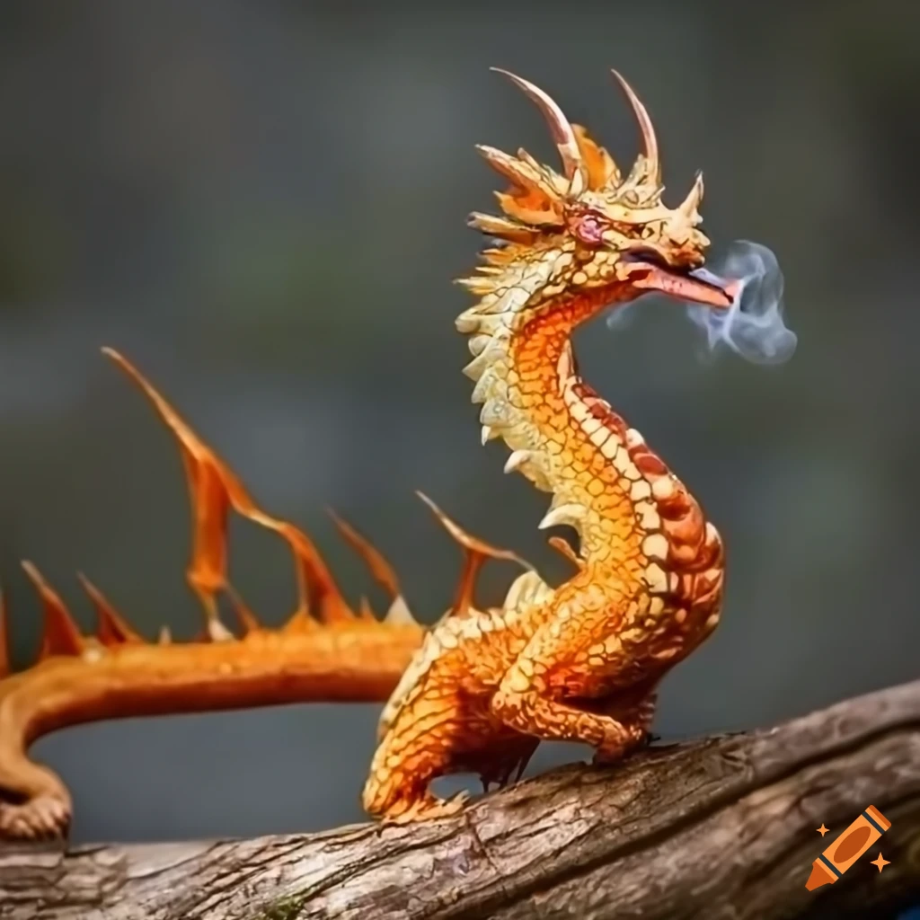 Cute orange and gold dragon on a branch with smoking nostrils on Craiyon