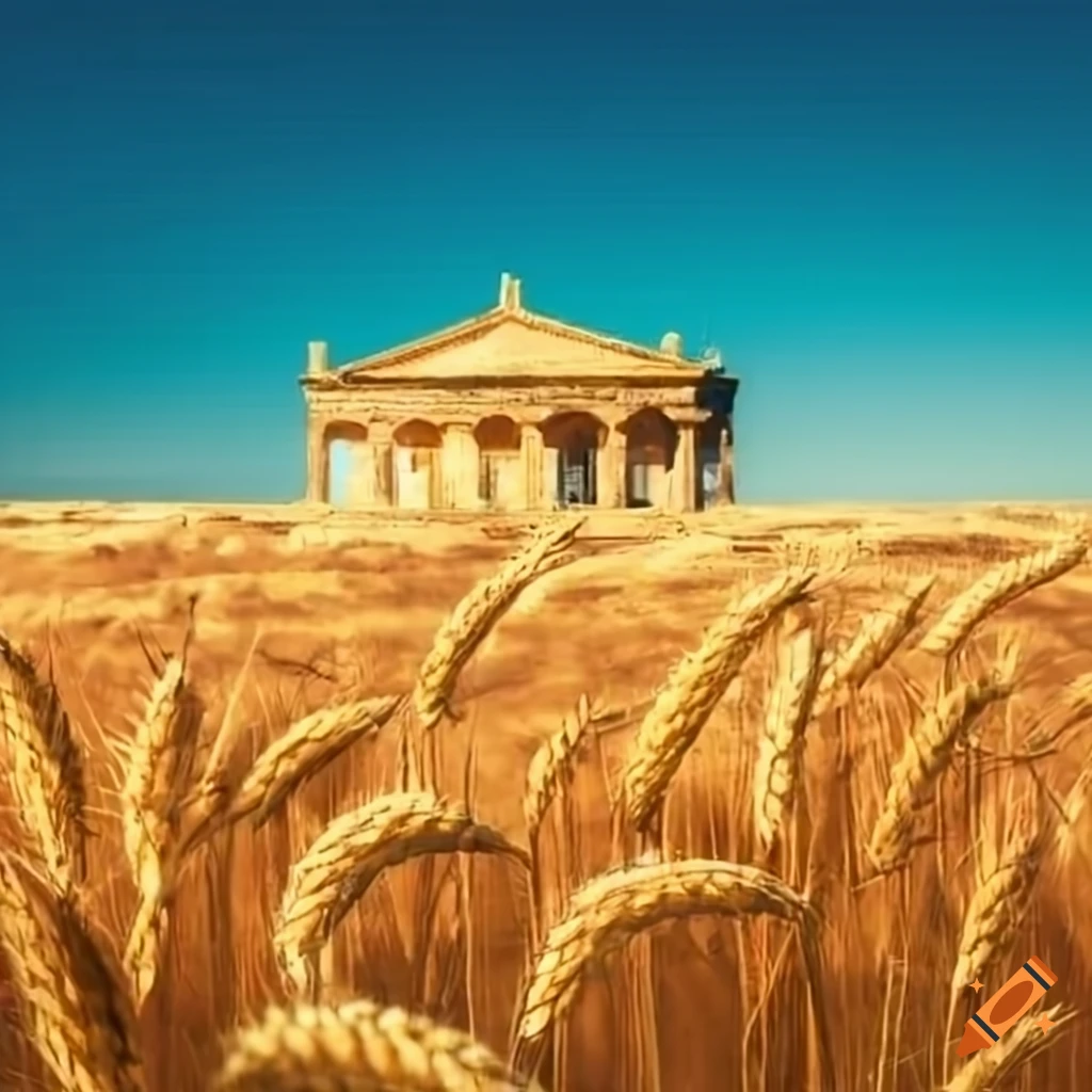 Ancient greek wheat field with architecture in the distance on Craiyon
