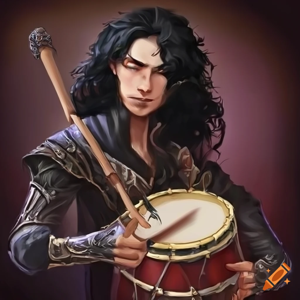 Male fantasy bard playing a drum with long black hair on Craiyon